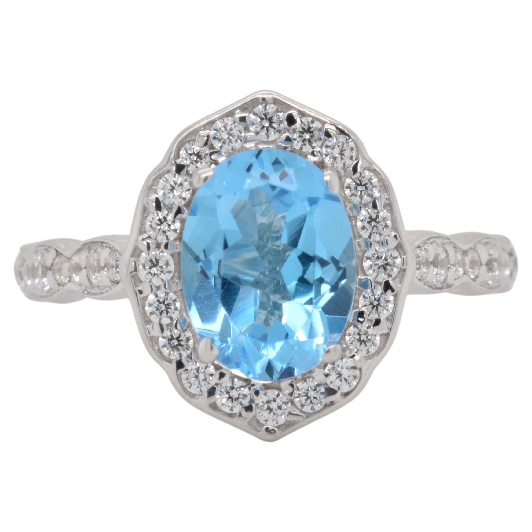 Oval Natural Sky Blue Topaz with CZ, Rhodium Over Sterling Silver Ring ...