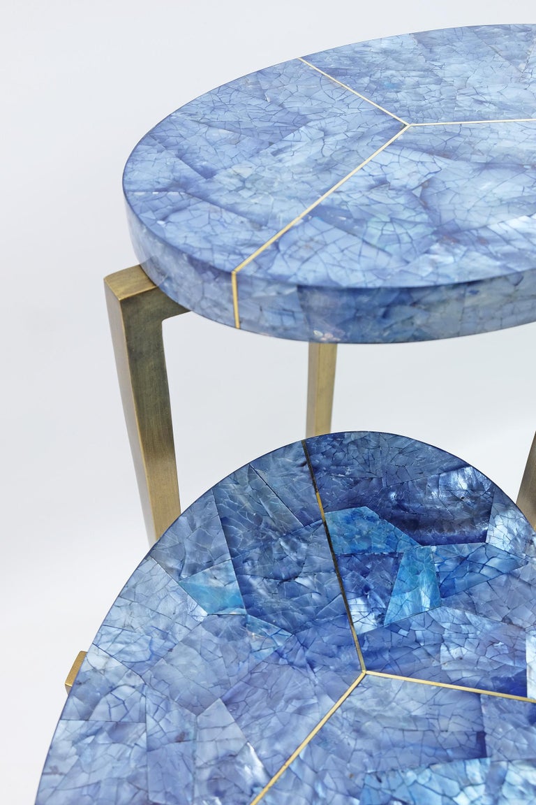 Oval Nesting Tables in Blue Marquetry and Old Brass Patina by Ginger ...