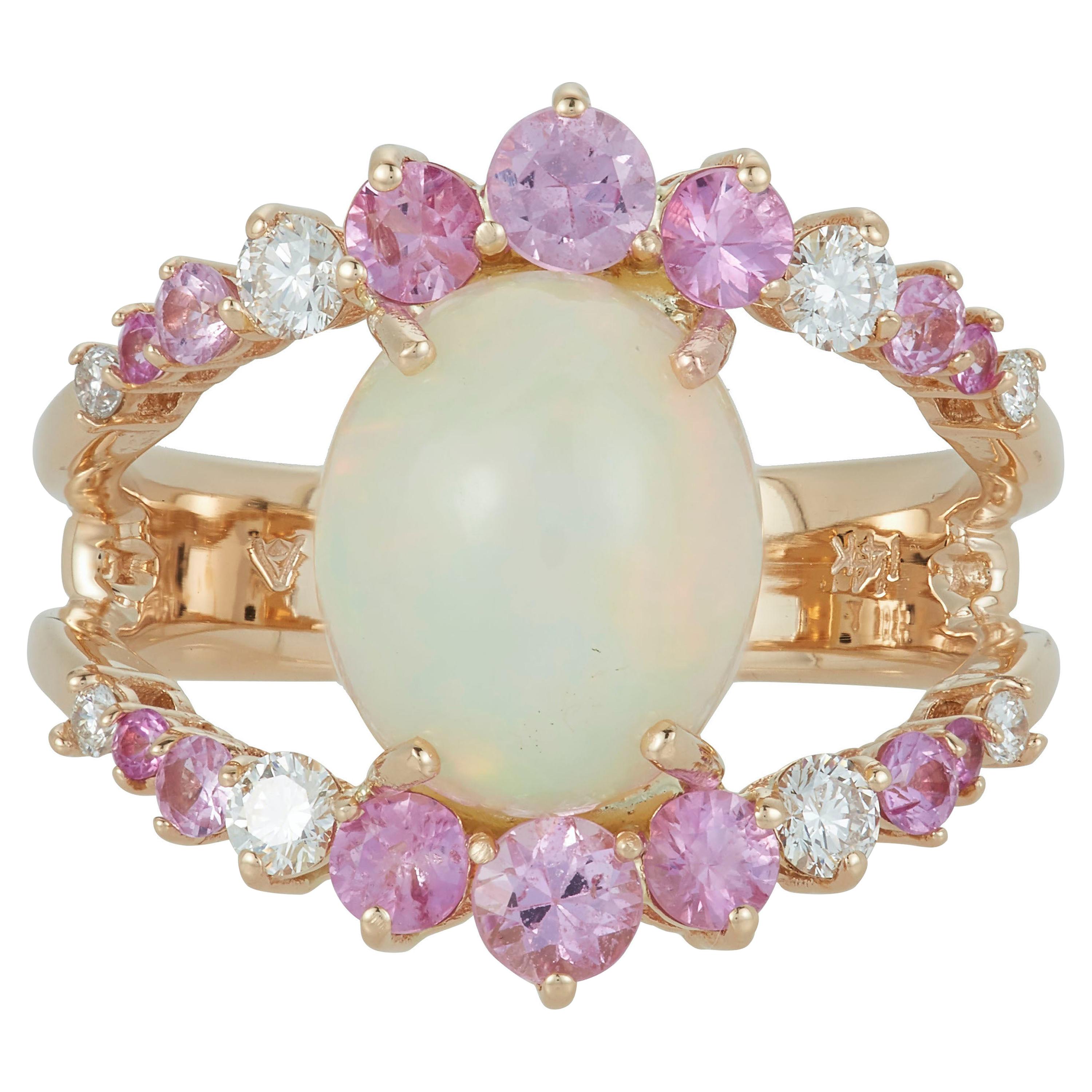 Iridescent Oval Opal Pink Tourmaline White Diamond Halo Ring 14 Karat ...
