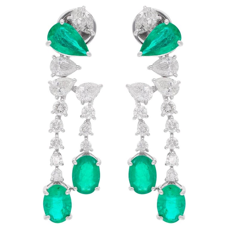 Oval and Pear Natural Emerald Gemstone Dangle Earrings Diamond 18 Karat ...