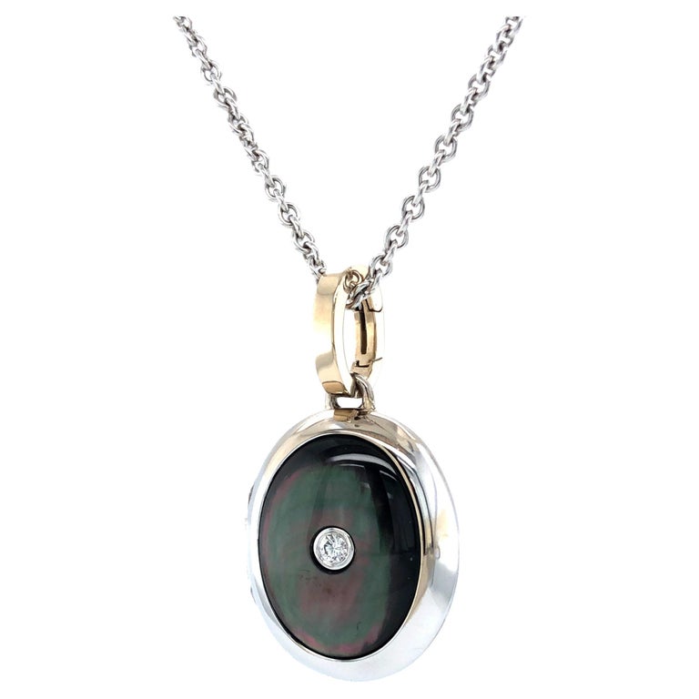 Oval Pendant Locket 18k White Gold 1 Diamond 0.04 ct H VS Black Mother ...