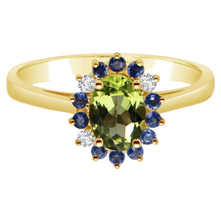 Oval Peridot Green Iolite blue and Diamonds Cluster Ring in 18 carat ...