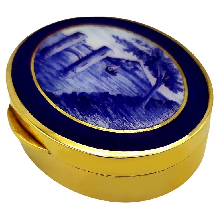 Oval Pill Box Monochrome Fired Enamel Landscape Miniature Art Nouveau ...
