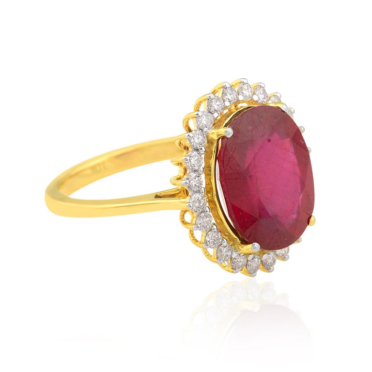 Customizable Oval Red Processed Gemstone Ring Diamond Solid 10K Yellow ...