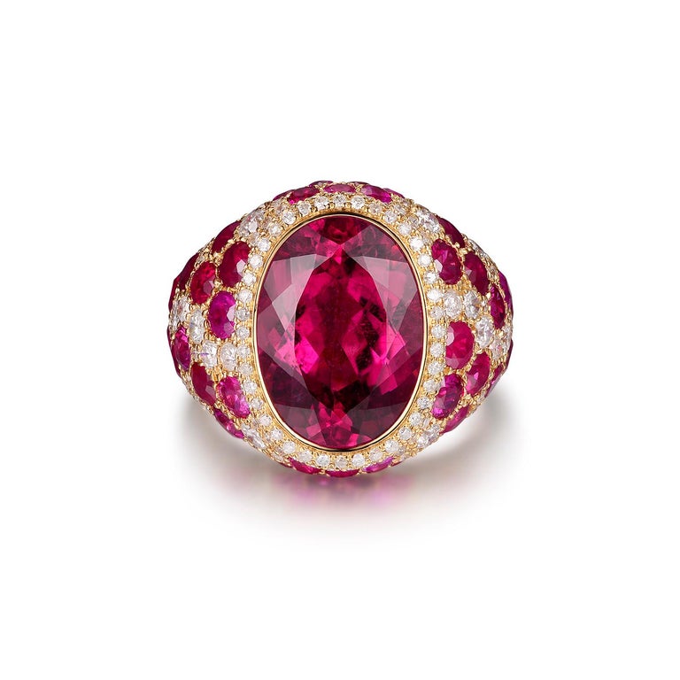 Oval Rubelite Diamond Ruby Dome Ring in 18 Karat Yellow Gold For Sale ...