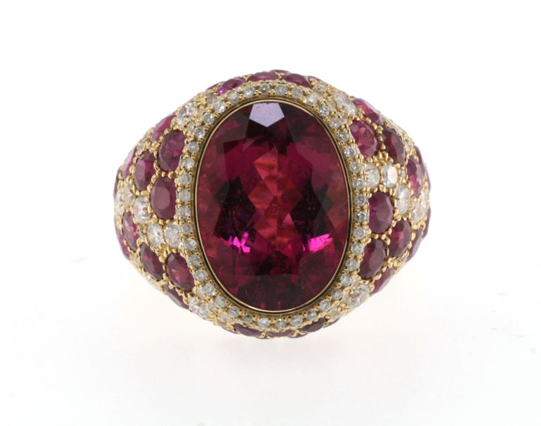 Oval Rubelite Diamond Ruby Dome Ring in 18 Karat Yellow Gold For Sale ...