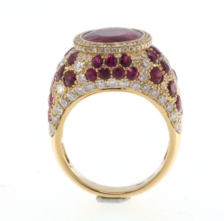 Oval Rubelite Diamond Ruby Dome Ring in 18 Karat Yellow Gold For Sale ...