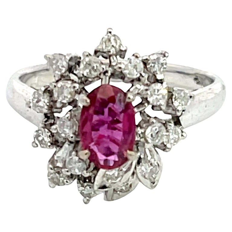 Oval Ruby and Diamond Cluster Ring in 14k White Gold For Sale at 1stDibs