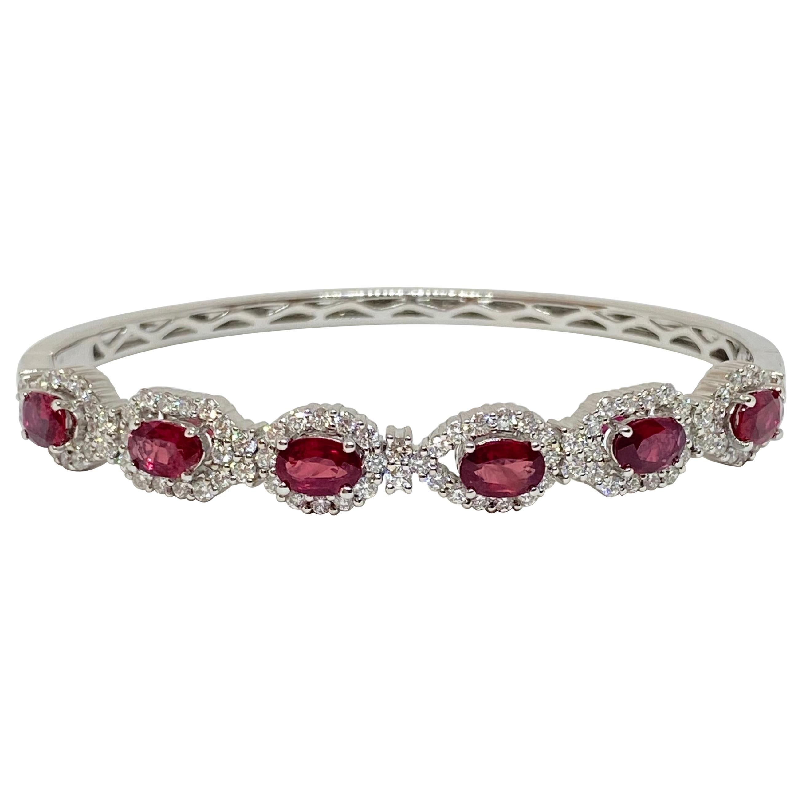 Oval Ruby and Diamond Halo Bangle Bracelet 14 Karat 3.37RTW 1.57DTW For ...