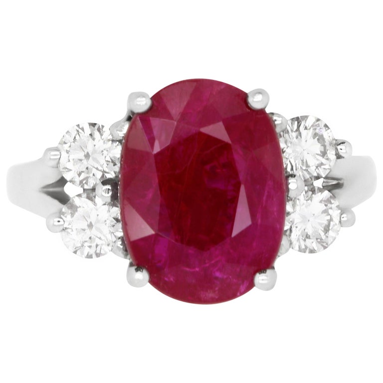 Oval Ruby and Diamond Side Stone Engagement Ring in 18K White Gold at ...