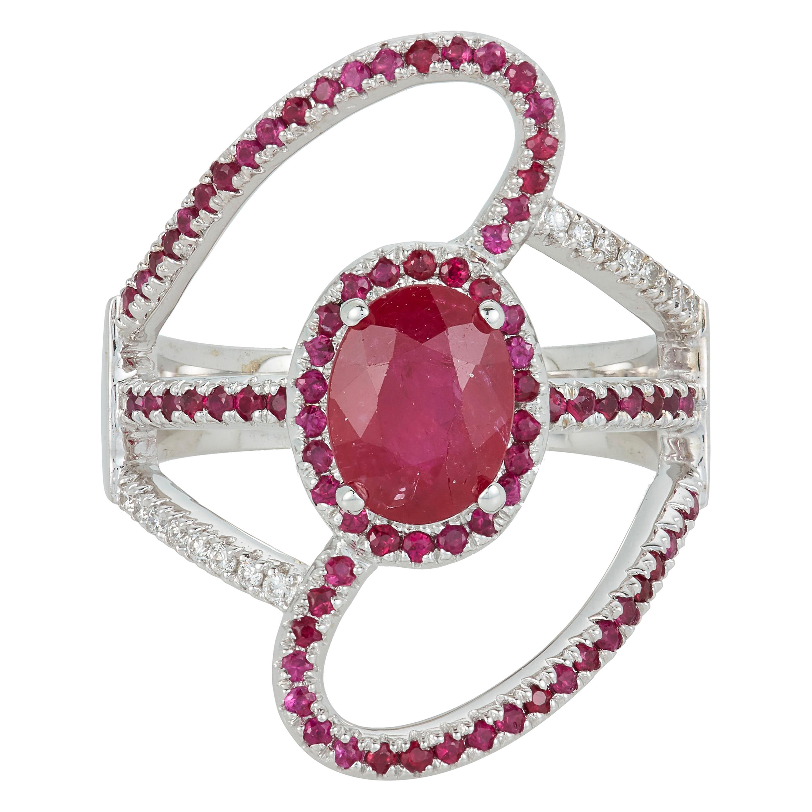 Oval Ruby Diamond Design Fashion Statement Ring 14 Karat White Gold at ...
