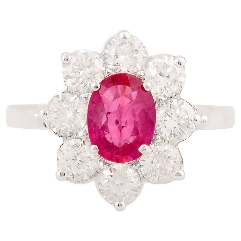 Customizable Oval Ruby Gemstone Flower Ring SI Clarity HI Color Diamond ...