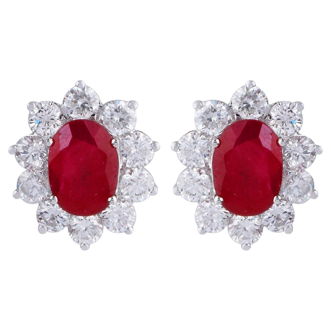 Oval Ruby Gemstone Stud Earrings Diamond 14 Karat White Gold Handmade ...