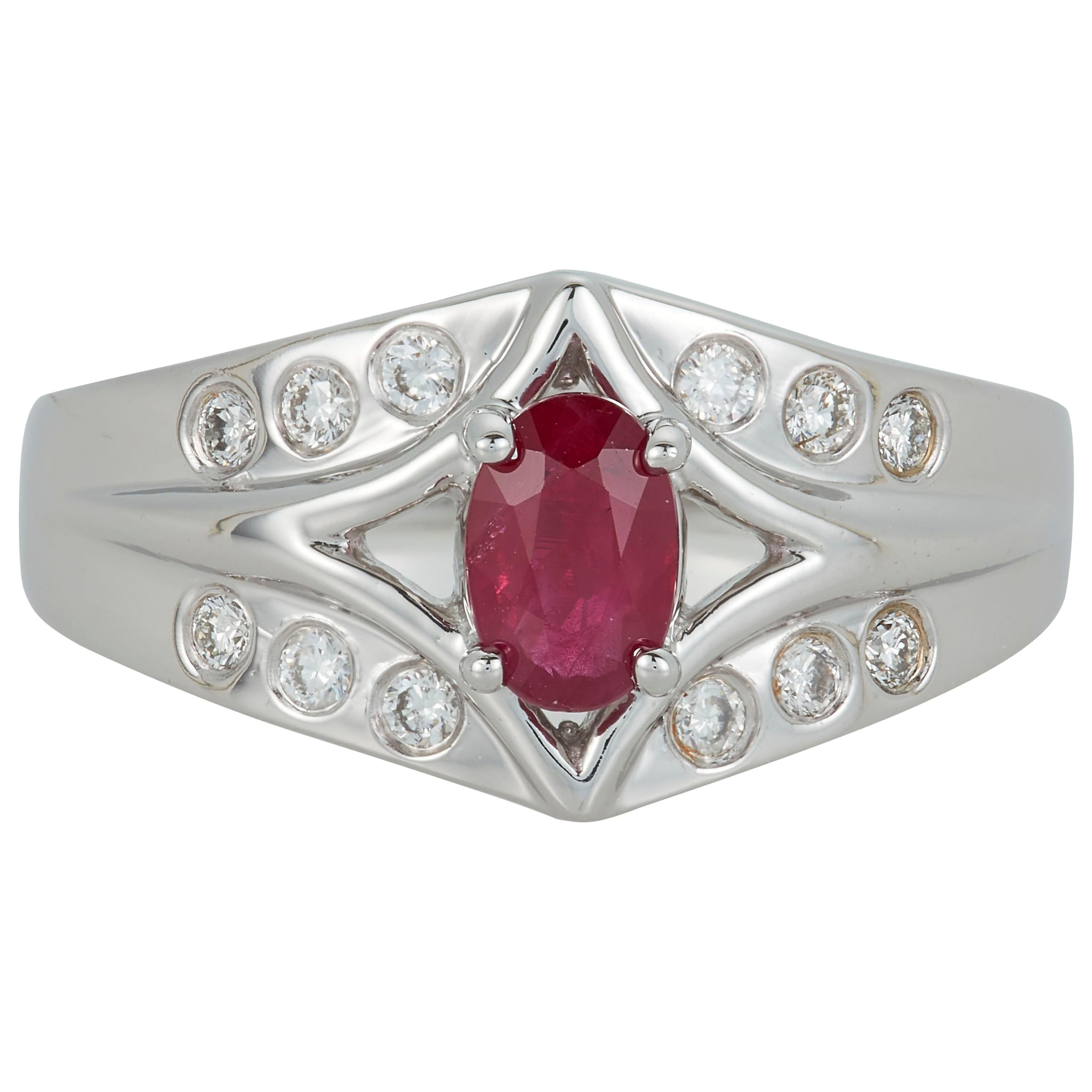 Oval Ruby Diamond Design Fashion Statement Ring 14 Karat White Gold at ...