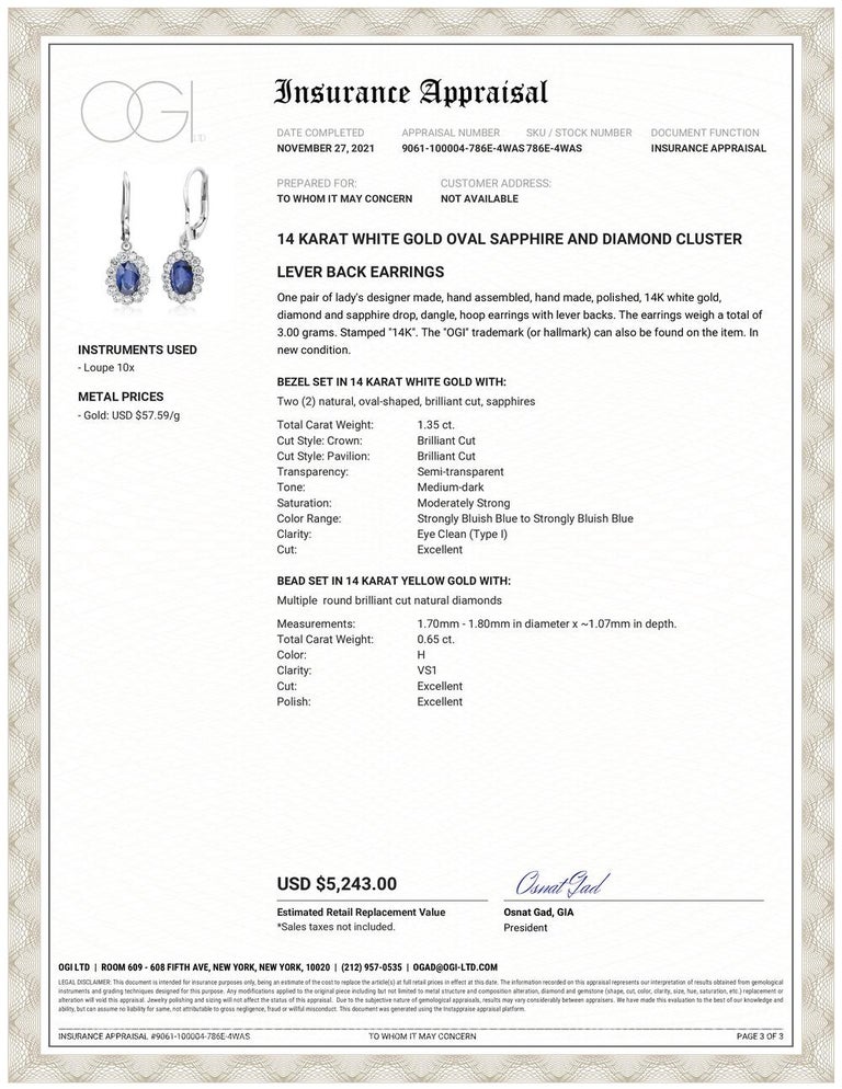 Ceylon Oval Sapphire and Diamond White Gold Cluster Lever Back Earrings at 1stDibs