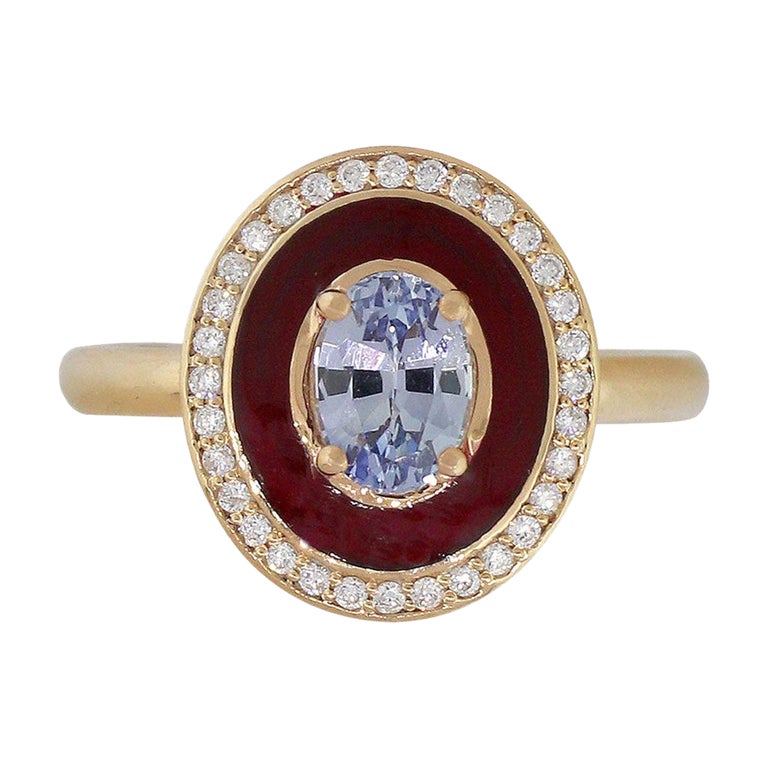 Oval Sapphire Dark Red Enamel Ring with Diamonds For Sale at 1stDibs