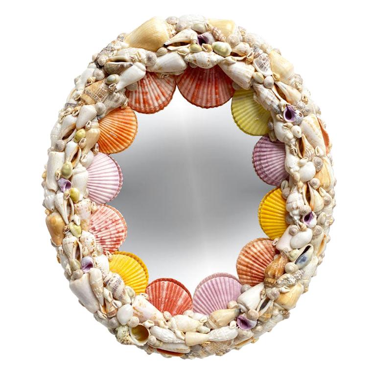 Oval Sea Shell Encrusted Wall Mirror in Pink, Purple and Yellow at 1stDibs