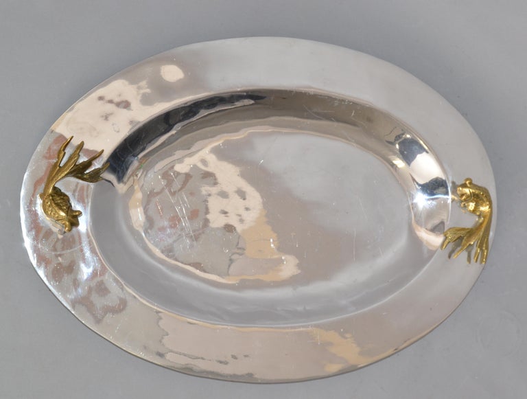 Oval Serving Tray Platter Bronze Fish Handles and Chrome Finish Art ...