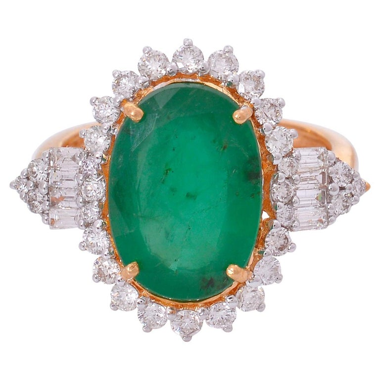 Customizable Oval Shape Emerald Gemstone Cocktail Ring Baguette Diamond ...