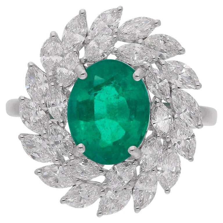 Oval Shape Emerald Gemstone Cocktail Ring Diamond 18 Karat White Gold ...