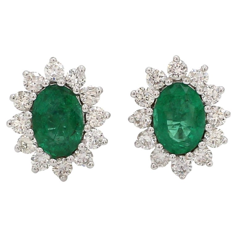 Oval Shape Emerald Gemstone Stud Earrings Diamond 18 Karat White Gold ...