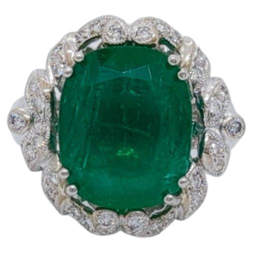 Oval Shape Emerald and Round Shape Diamond Ring in 18K White Gold For ...