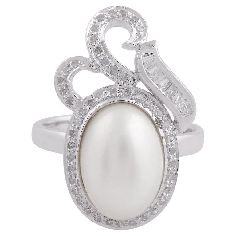 Oval Shape Pearl Gemstone Designer Ring Diamond Pave Silver Handmade ...