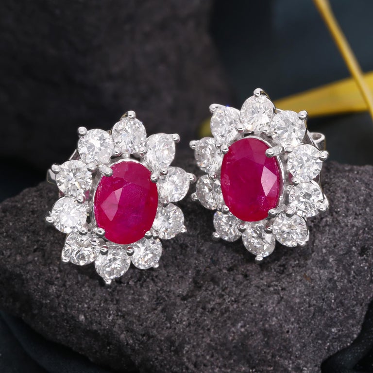 Oval Shape Ruby Gemstone Diamond Ring 18 Karat White Gold Handmade Fine ...