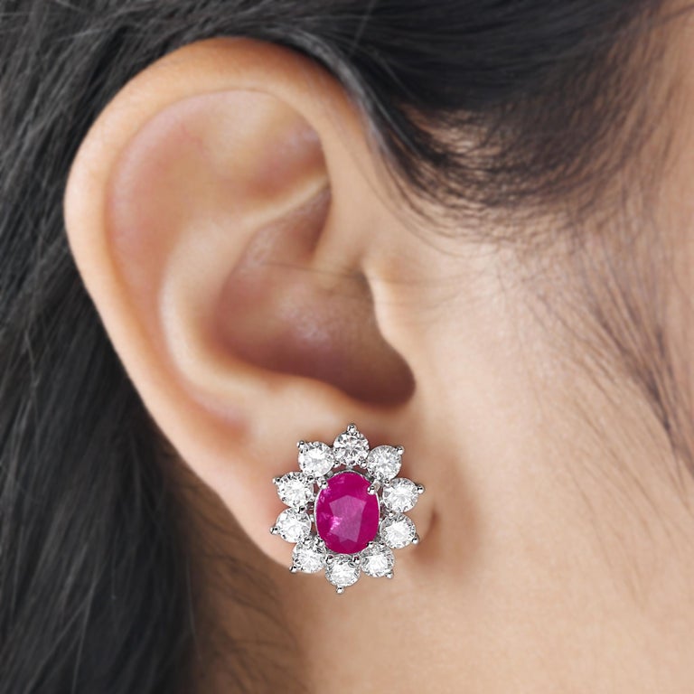 Oval Shape Ruby Gemstone Diamond Ring 18 Karat White Gold Handmade Fine ...