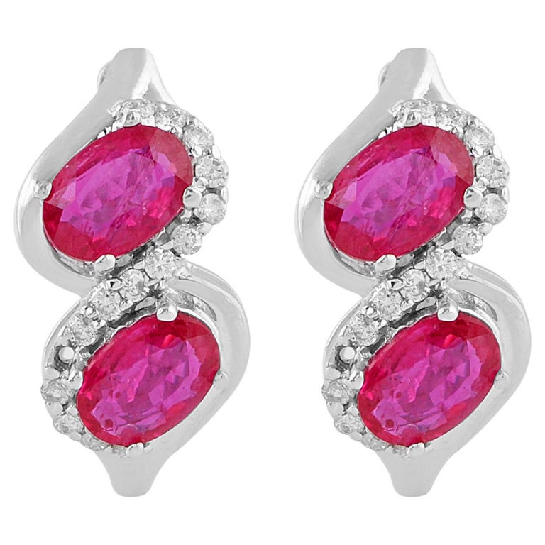 Oval Shape Ruby Gemstone Earrings Diamond 14 Karat White Gold Handmade ...