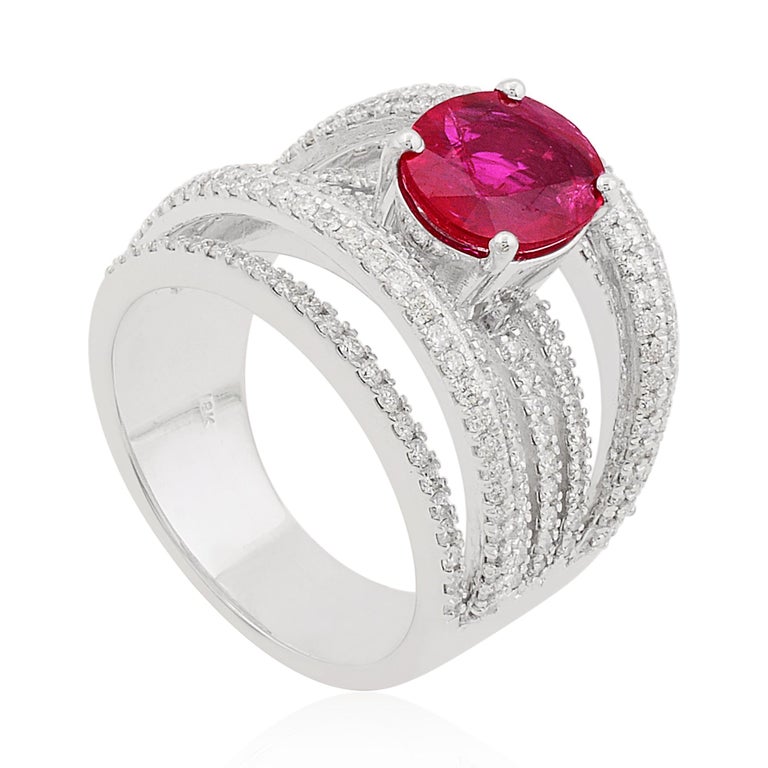 Customizable Oval Shape Ruby Gemstone Multi Layer Ring Diamond 18 Karat ...