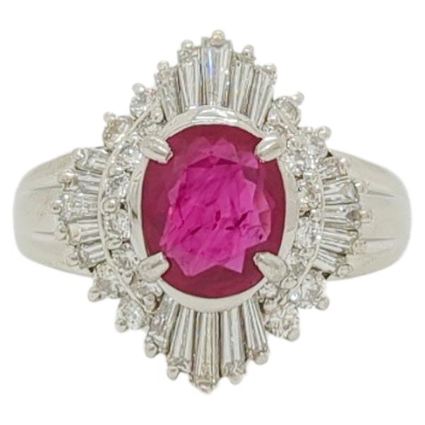 Oval Shape Ruby with Baguette and Round Diamond Ring in Platinum For ...
