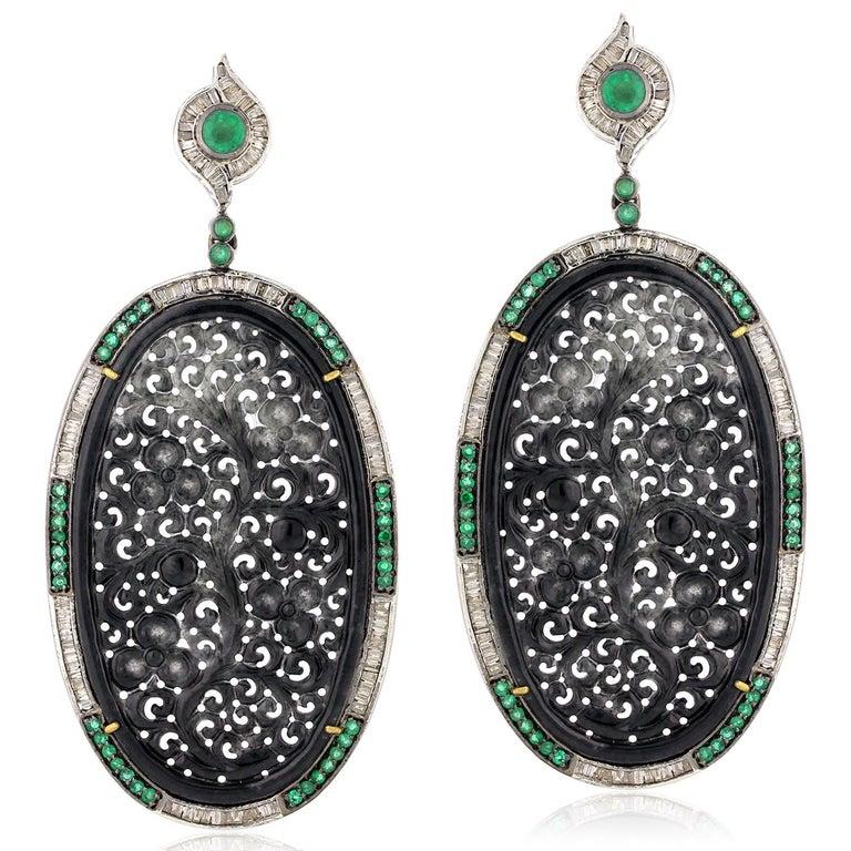 Oval Shaped Carved Black Jade Earring With Emerald and Diamonds In Gold ...