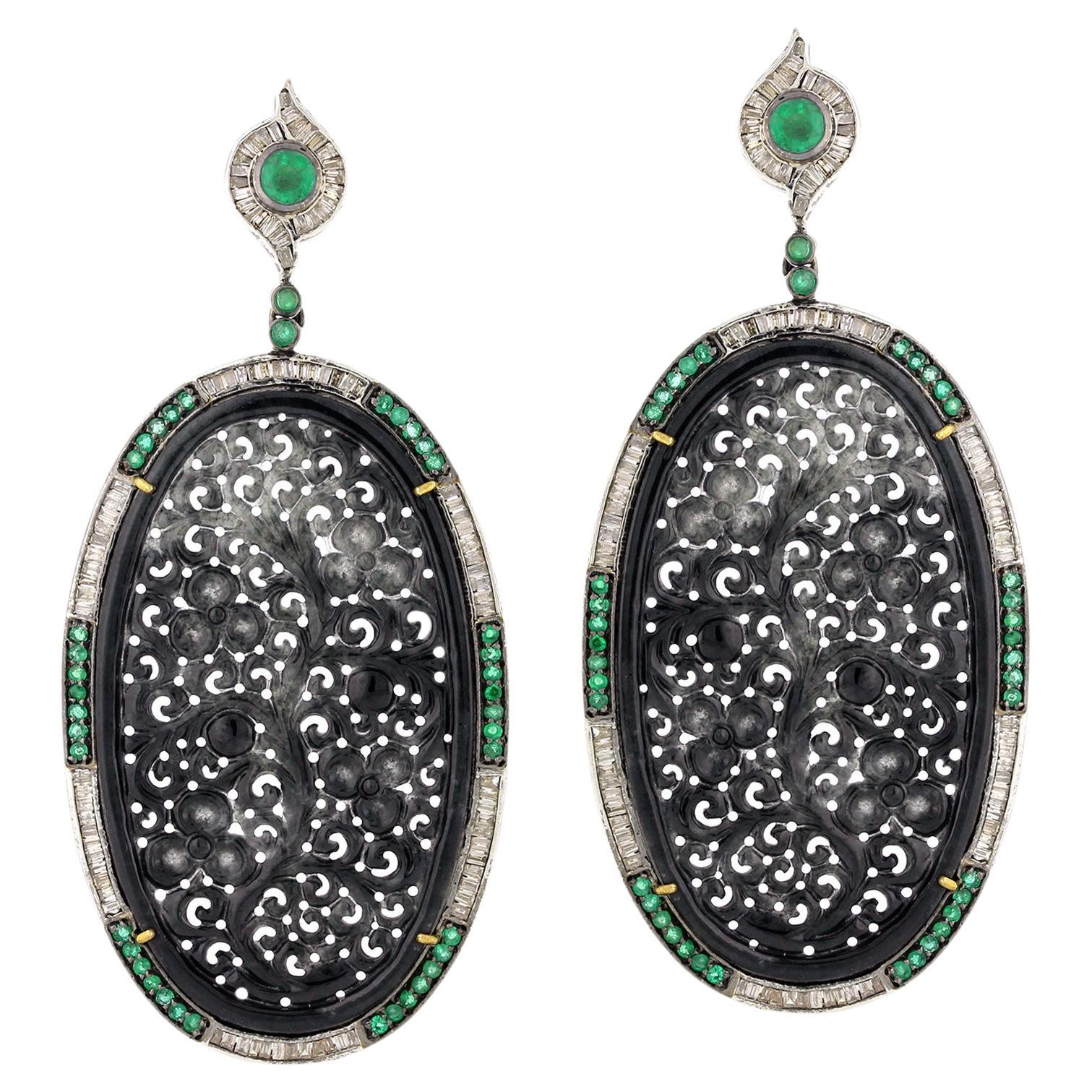 Oval Shaped Carved Green Jade Dangle Earrings with Emerald, Spinel and ...