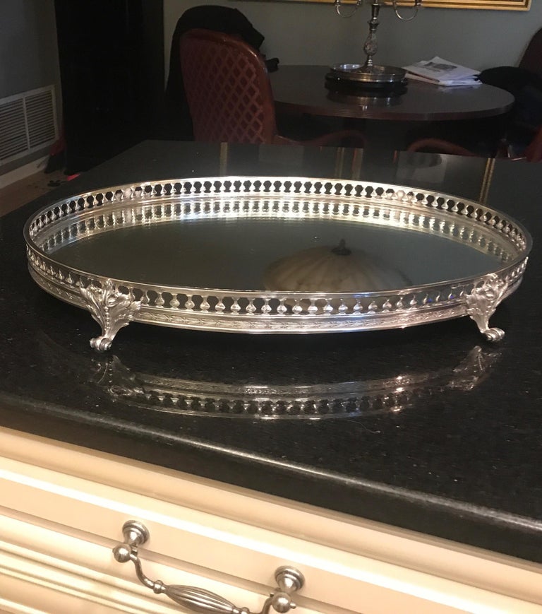 Oval Silvered Bronze Mirrored Plateau Tray at 1stDibs