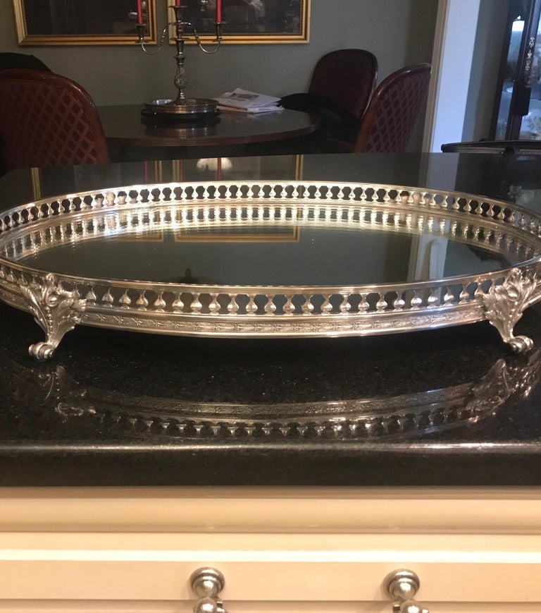 Oval Silvered Bronze Mirrored Plateau Tray at 1stDibs