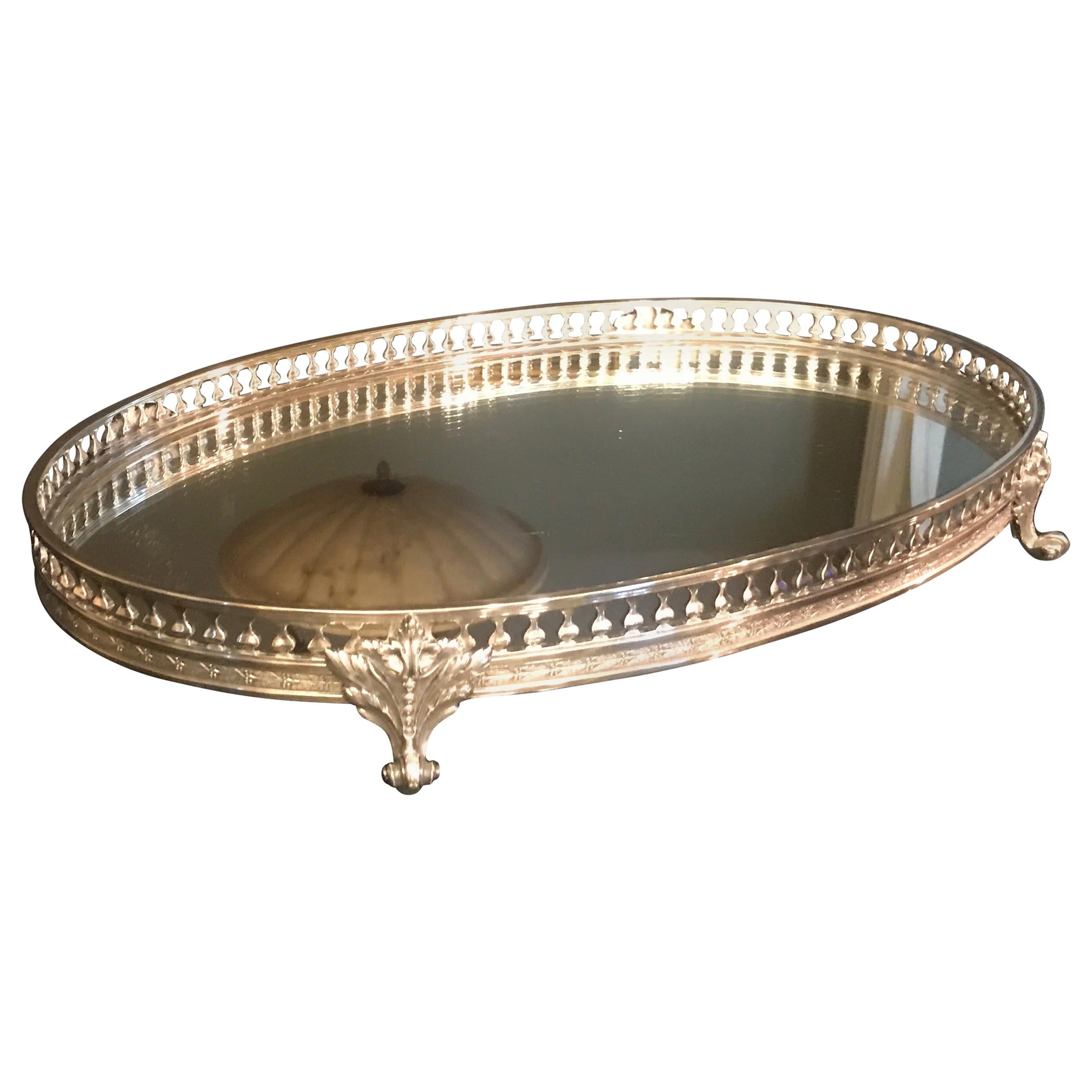 Oval Silvered Bronze Mirrored Plateau Tray at 1stDibs