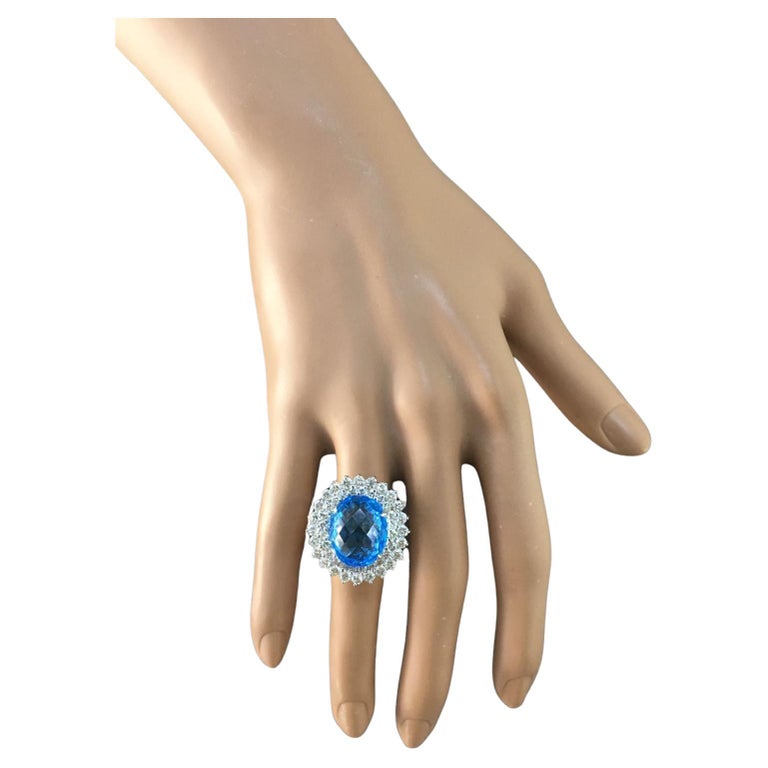 Oval Sky Blue Topaz Diamond Double Sun Ray Flower Halo 18 Karat White ...