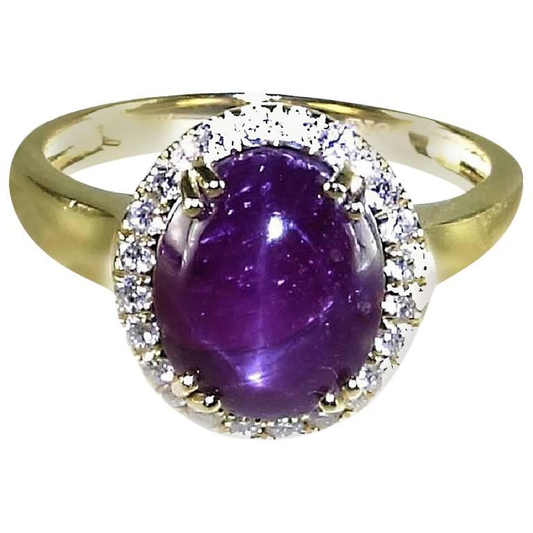 Oval Star Ruby Cabochon with Diamond Halo 14K Yellow Gold Ring at 1stDibs