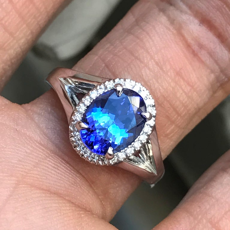 Oval Violet Tanzanite with Diamond Engagement Halo Ring, 18 Karat White ...