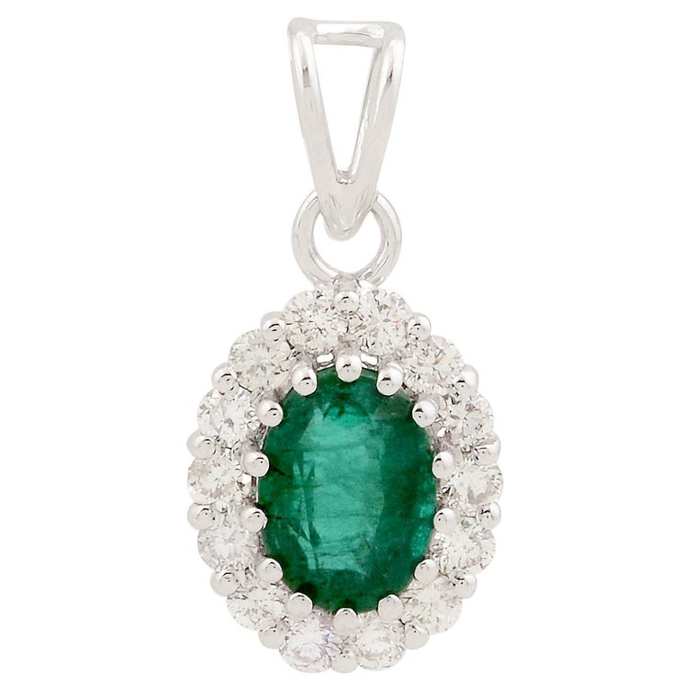 Oval Natural Emerald Charm Pendant Pave Diamond Charm Pendant 18k White ...