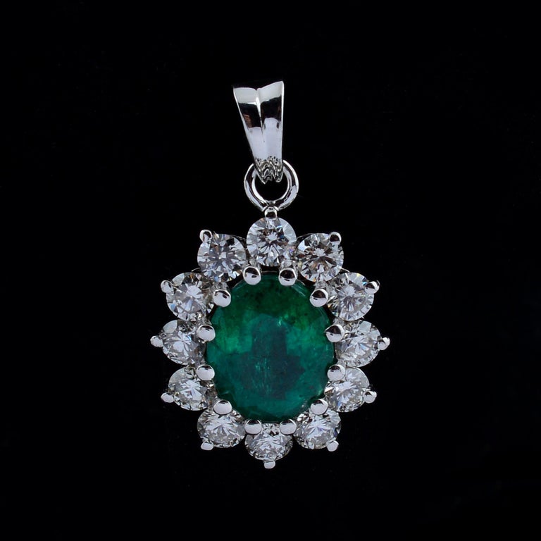 Oval Zambian Emerald Gemstone Charm Pendant Diamond 18 Karat White Gold ...
