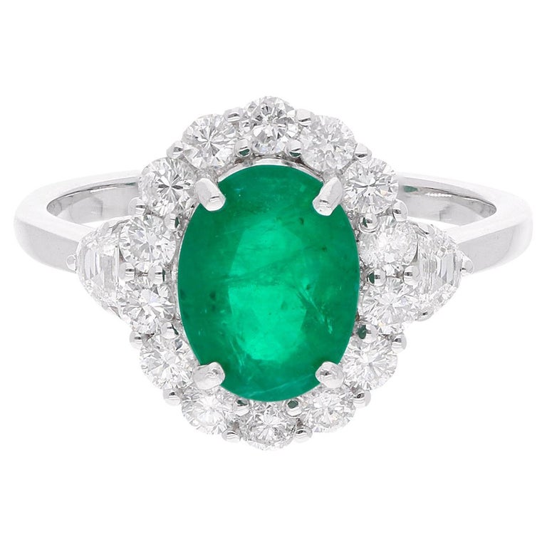 Oval Zambian Emerald Gemstone Cocktail Ring Round Diamond 18 Karat ...