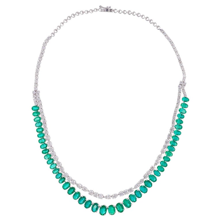 Oval Cut Natural Emerald Gemstone Necklace Diamond 18 Karat White Gold ...