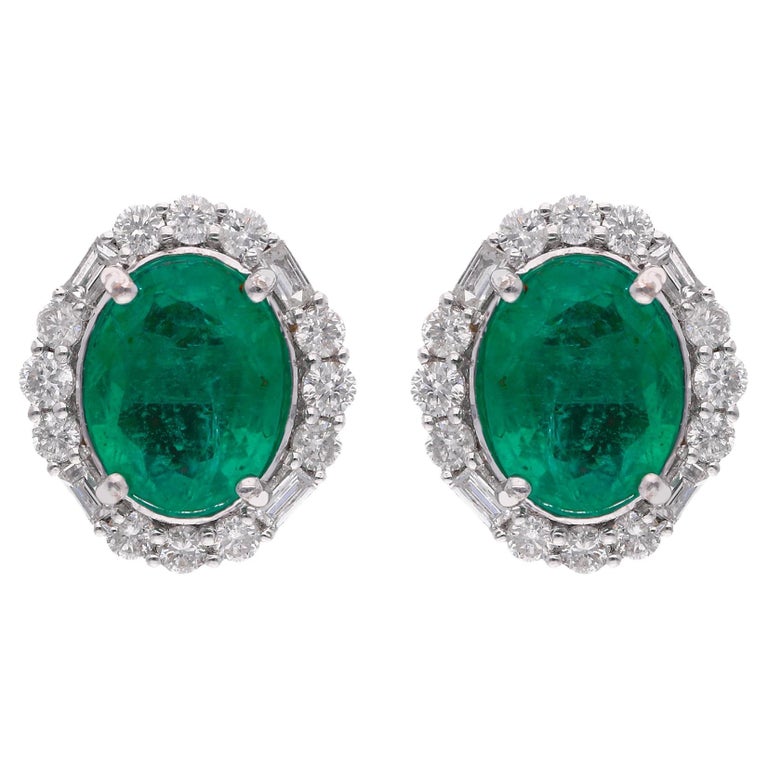Oval Natural Emerald Gemstone Stud Earrings Diamond 18 Karat White Gold ...