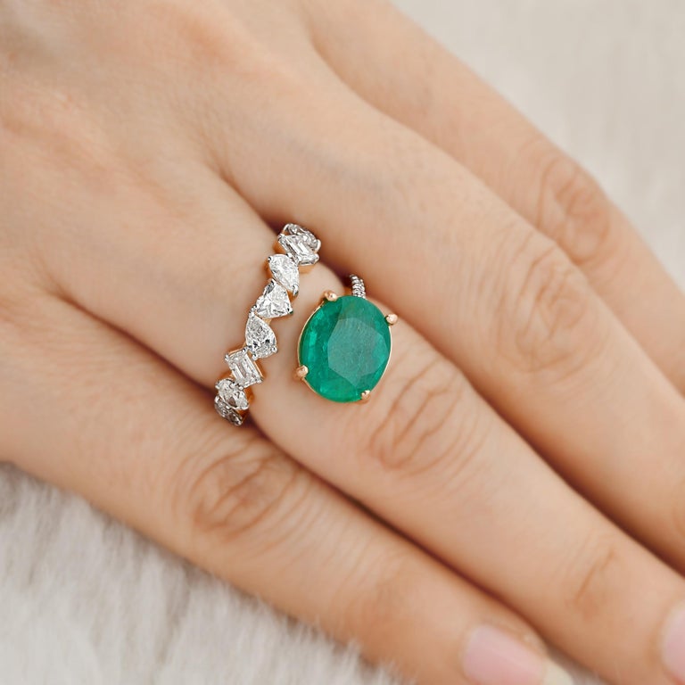 Customizable Oval Natural Emerald Gemstone Wrap Ring Diamond 18 Karat ...