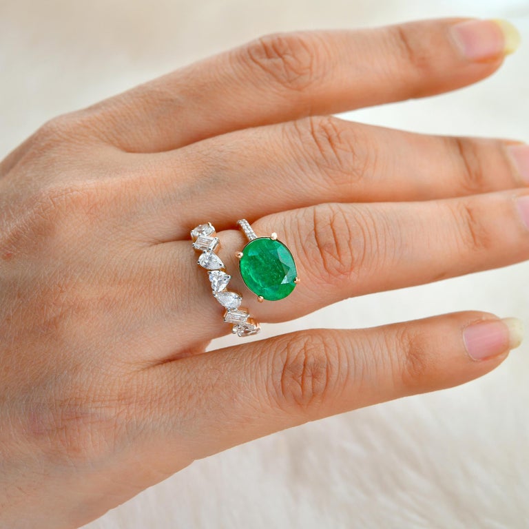 Customizable Oval Natural Emerald Gemstone Wrap Ring Diamond 18 Karat ...