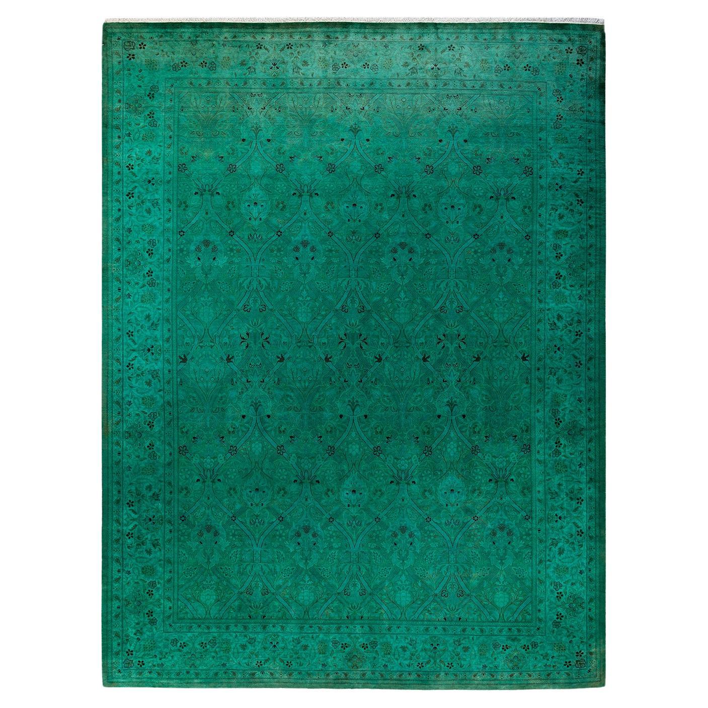 Overdyed Hand Knotted Wool Green Area Rug For Sale at 1stDibs