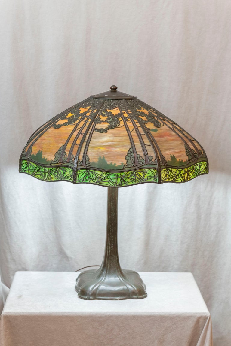 Overlay Scenic Handel Panel Lamp, Original, Signed, circa 1910 at 1stDibs