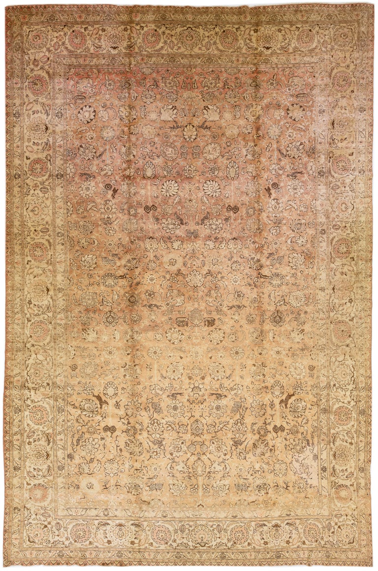 Oversize Allover Antique Persian Tabriz Wool Rug Handmade in Peach For ...